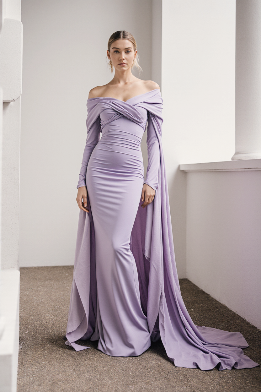 Draping Ruched Off-Shoulder Gown – Auraelis Couture Inc